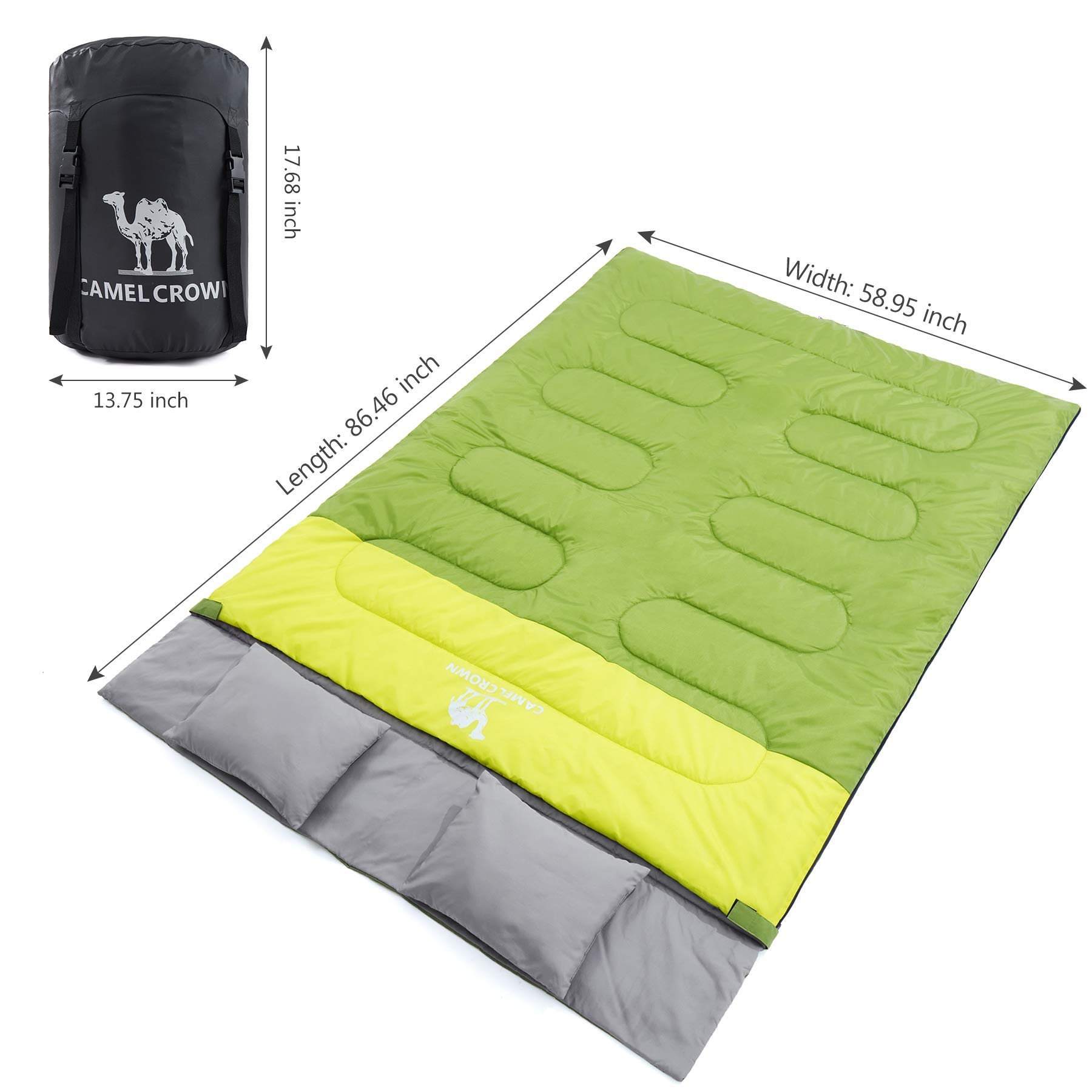 CAMEL Double Sleeping Bag for Adults with 2 Pillows for 4 Seasons Warm & Cool Weather Lightweight Backpacking Sleeping Bag for Hiking & Camping