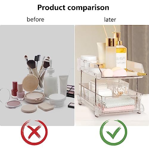 Frogued Desktop Rack 2 Tier Clear Organizer with Dividers, Multi-Purpose Slide-Out Storage Container for Bathroom and Kitchen Counter, Medicine Cabinet Storage Bins, Under Sink Closet Organization Cl