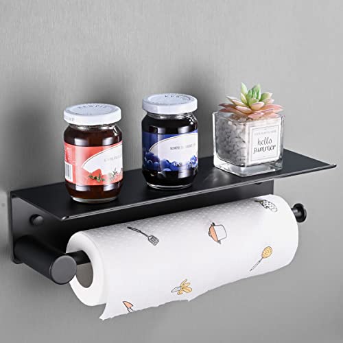 Paper Towel Holder for Kitchen - TDYU Wall Mount Paper Towel Holder with Shelf Under Cabinet, Rustproof Aluminum, Lightweight but Durable, Both Available in Adhesive & Screws (Black)