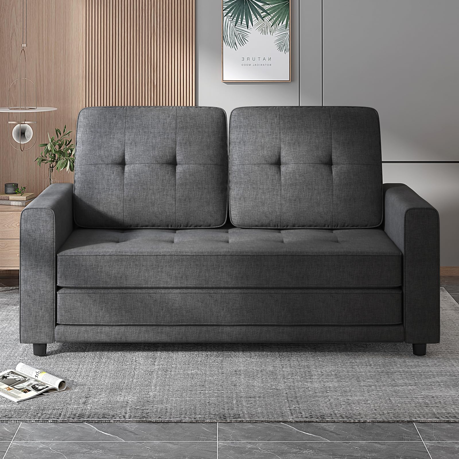 PUREMIND Floor Sleeper Sofa Bed, Upholstery 2-in-1 Pull Out Couch Bed, Loveseat Folding Futon Sofa Bed with Cushion, Convertible Floor Gaming Couch Bed for Living Room, Apartment, Office