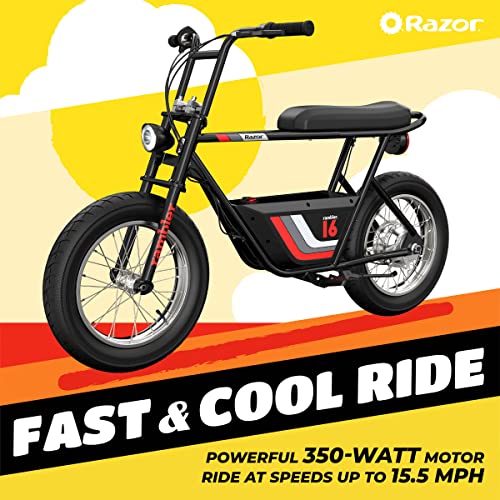 Razor Rambler 16 β 36V Electric Minibike with Retro Style, Up to 15.5 MPH, Up to 11.5 Miles Range, Wide, Rugged 16" Air-Filled Tires, Powerful 350 Watt Hub-Driven Motor