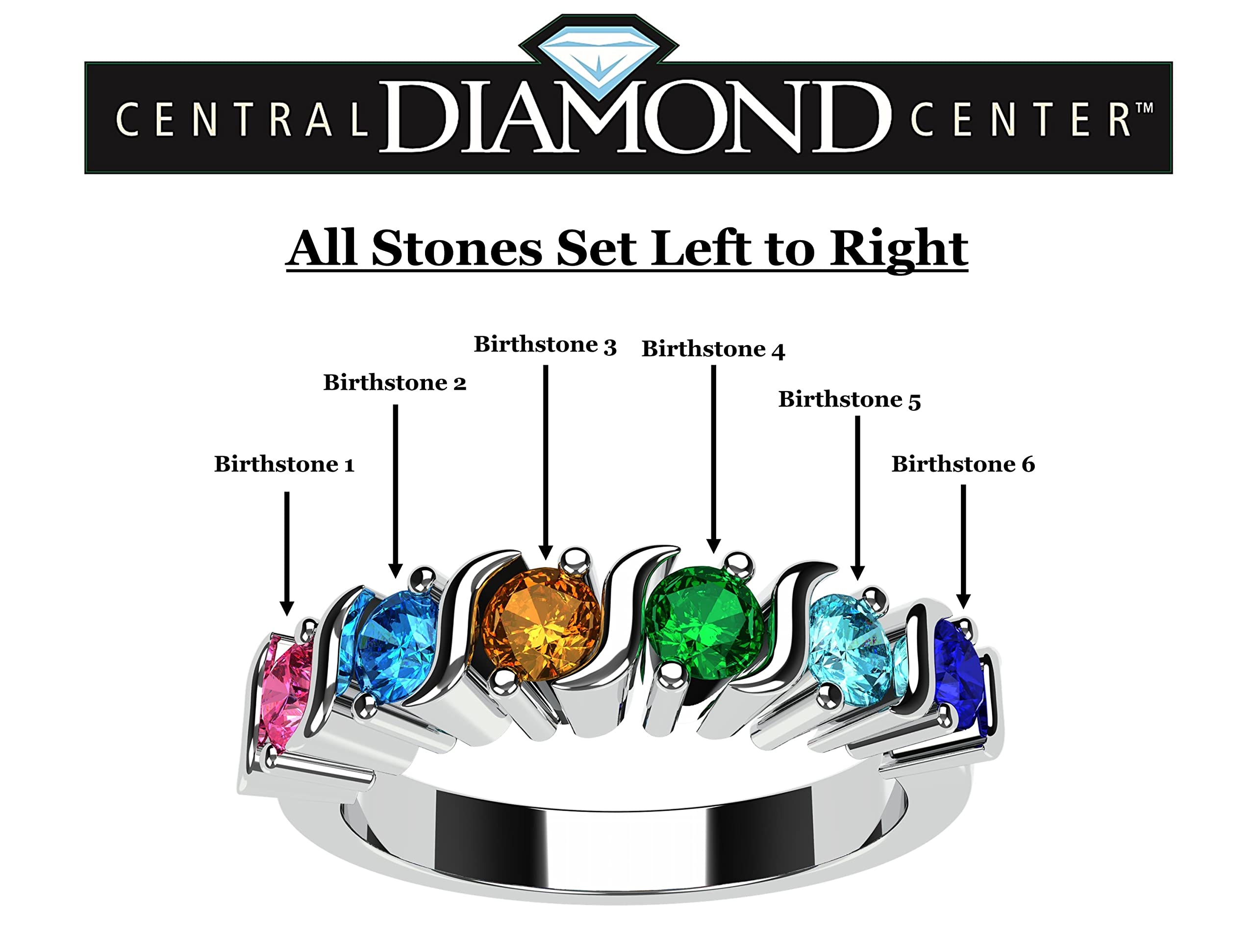 Central Diamond Center S-Bar Mothers Ring 1 to 6 Simulated Birthstones - 14k White Gold - Size 8