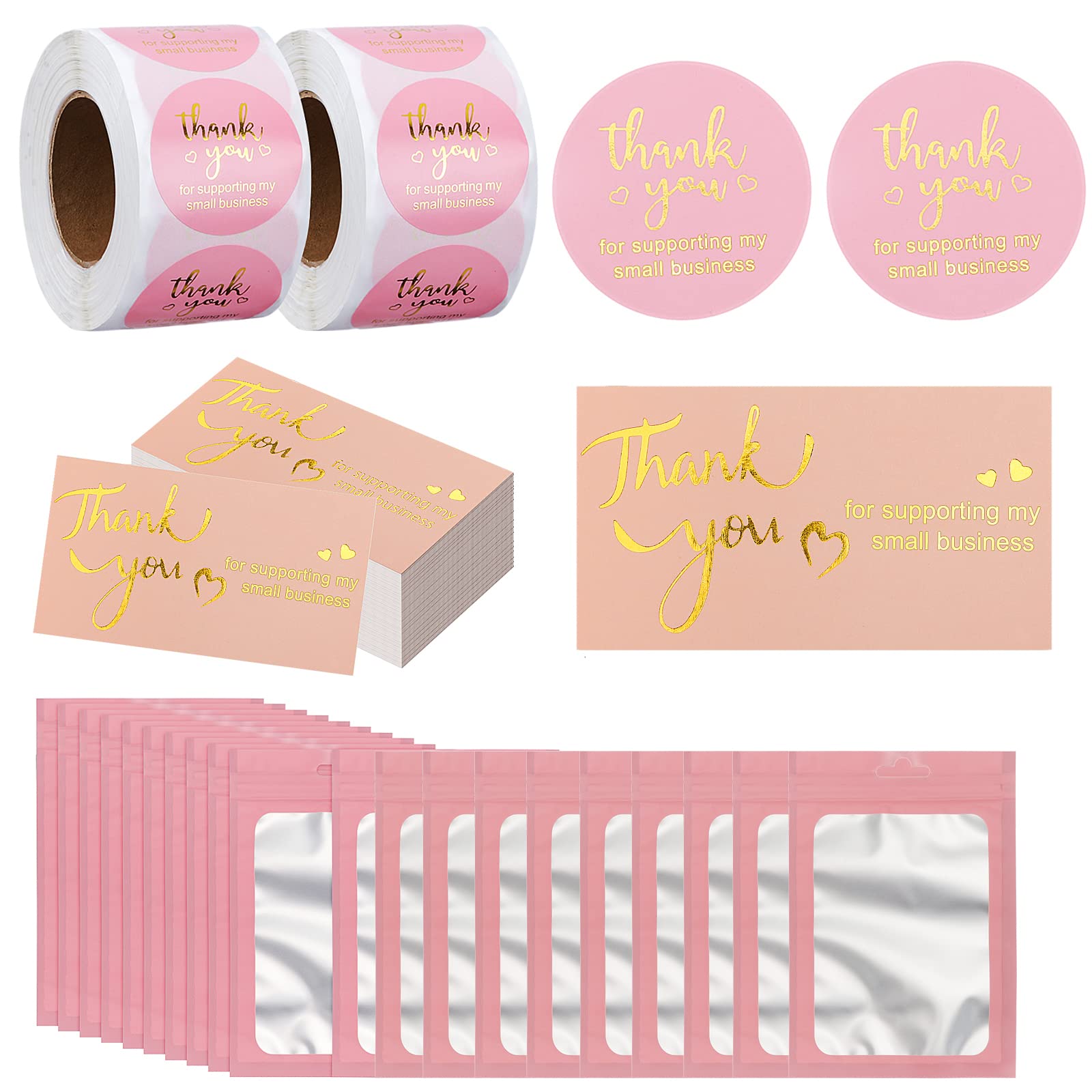 Lefiocky 1120 Pcs Thank You Stickers and Cards Sets 1.5 Inch Thank You for Supporting My Small Business with Gold Lettering, Tiny Thank You Cards and Resealable Packaging Bag for Business - Pink