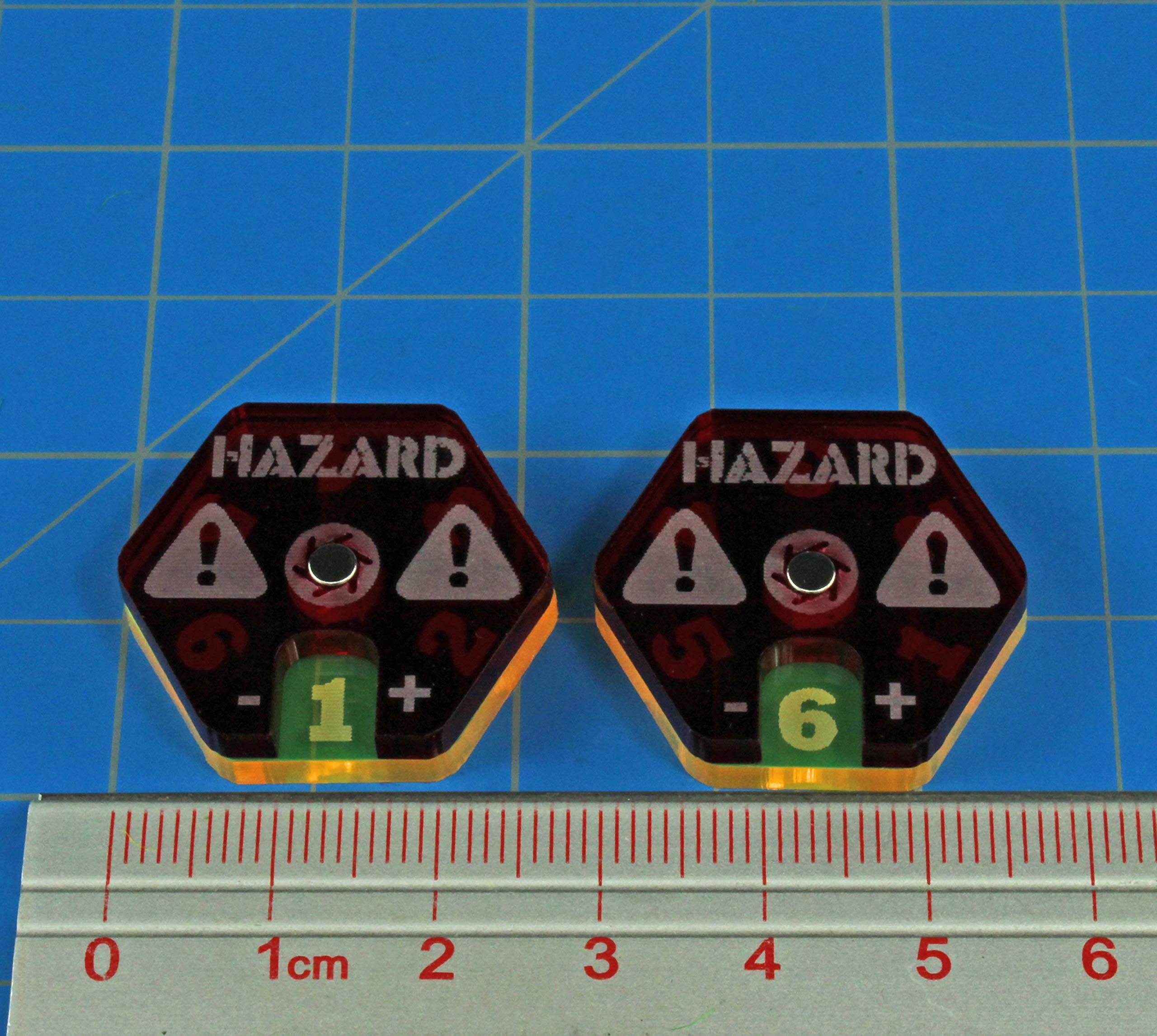 LITKO Gaslands Miniatures Game Dials | Compatible with Gaslands | Refulled | Gear | Ammo | Vote | Hazard | 2 Pack (Translucent Red & Fluorescent Yellow -Hazard)