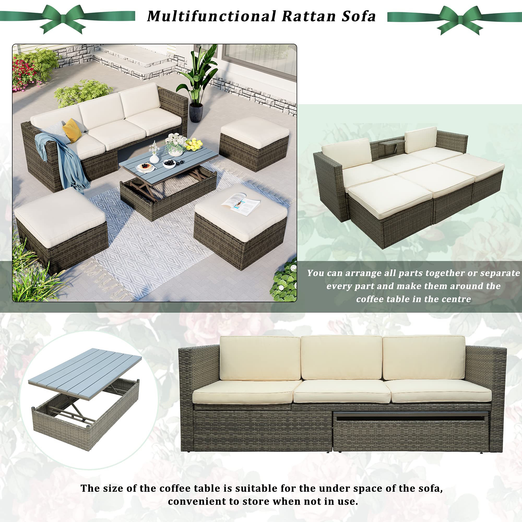 LUMISOL 5 Piece Patio Furniture Set, Outdoor Wicker Sofa Set with Adjustable Backrest, Cushions, Ottomans and Lift Top Coffee Table for Garden, Poolside, Backyard, Balcony, Beige