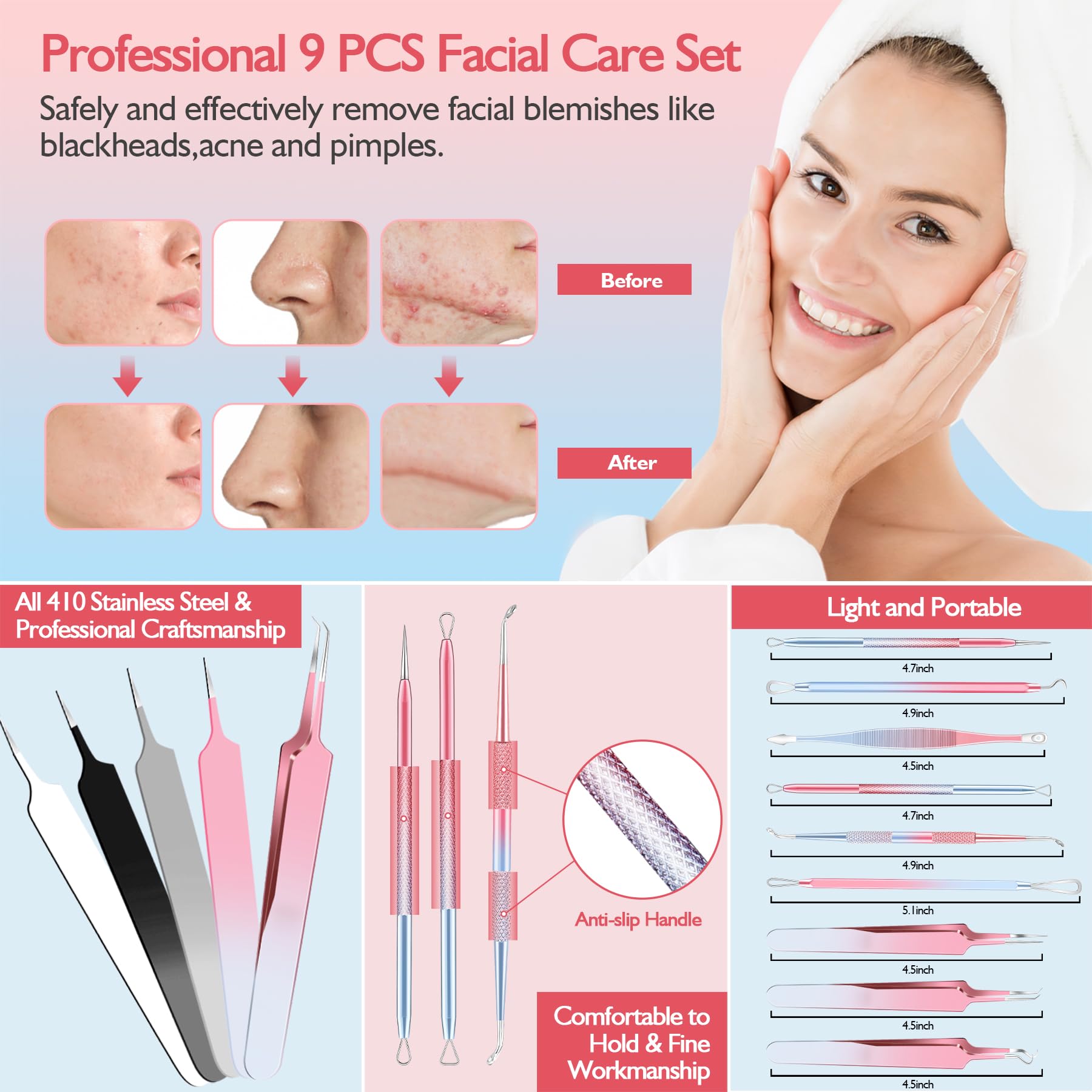 Kresecioo 9 PCS Blackhead Remover Tools, Pimple Popper Tool Kit, Acne Tools Extractor Kit Professional for Nose Face, Blemish Whitehead Zit Popping Tool with Portable Leather Bag(Pink)