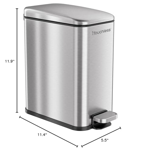 iTouchless SoftStep 1.3 Gallon Slim Bathroom Trash Can with Odor Filter and Removable Inner Bucket, Stainless Steel, 5 Liter Small Garbage Step Bin, Bathroom, Bedroom, Business, Home, Office Cubicle