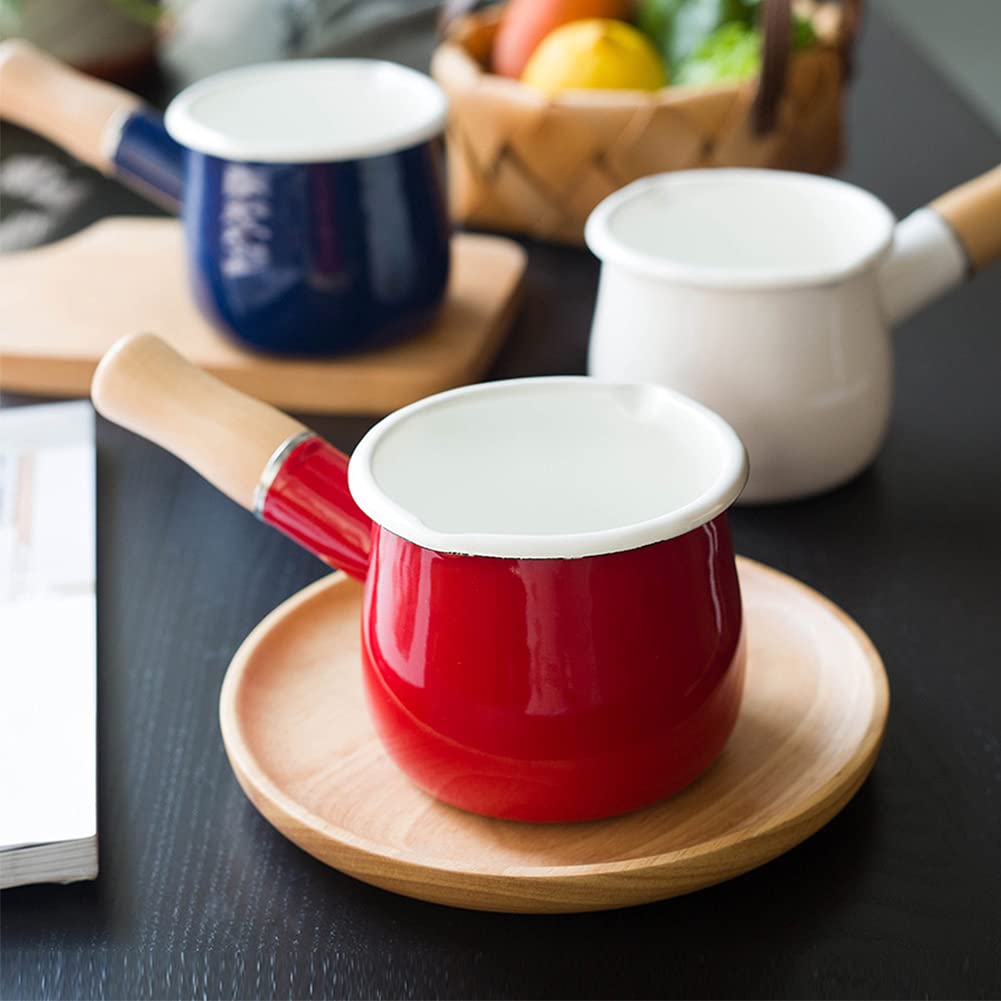 Enamel Milk Pan, Mini Butter Warmer with Pour Spout, 550ml Enamelware Saucepan Milk Warmer with Wooden Handle Small Cookware for Heating Milk, Melting Butter, Boiling Water(White)