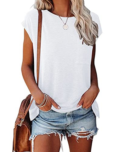 Smile Fish Womens Summer White Short Cap Sleeve Shirts Solid Loose Fit Pocket Tunic Tops Cotton M
