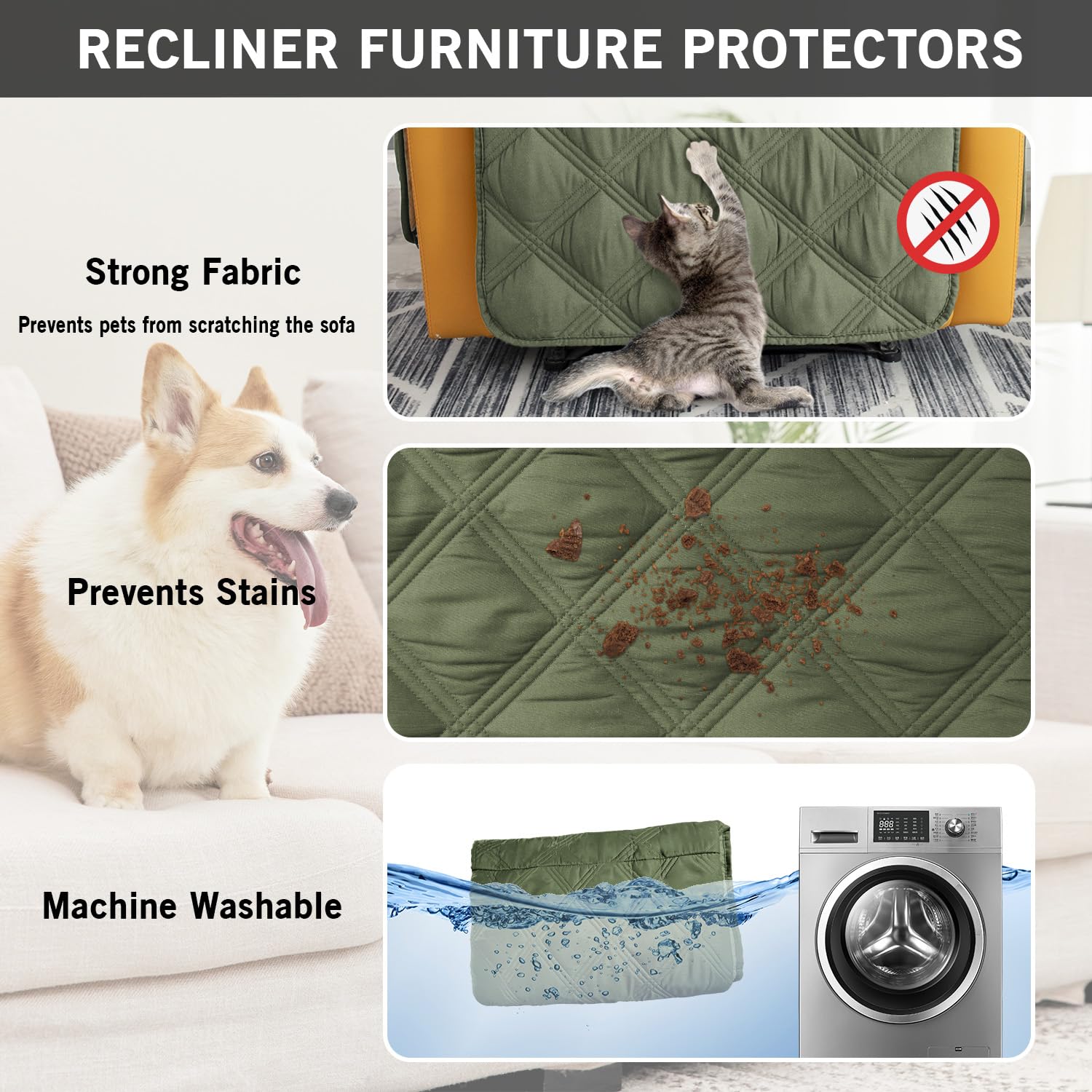 CHHKON Recliner Chair Covers Waterproof with Anti-Skip Furniture Protector Sofa Slipcover for Children, Sofa Covers for Dogs (Green, 23'')