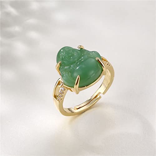 COLORFUL BLING 18k Gold Plated Laughing Buddha Ring Green Jade Cubic Zirconia Gemstone Open Cuff Adjustable Lucky Amulet Jewelry for Women Men-Green Ring