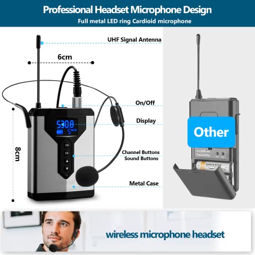 Bietrun Wireless Microphone with Headset Mic and Handheld Mic System, UHF 240ft Range, Pro-Rechargeable Dual Channel Cordless Mic Set with Bluetooth for Church, Speech, Teaching(Plug and Play)
