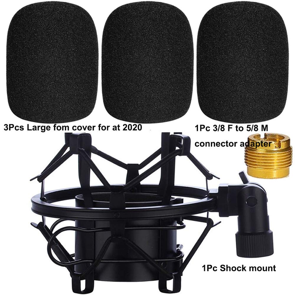 BTOOP Mic Large Foam Cover Microphone Windscreen with Shock Mount for AT2020,MXL,Condenser Microphone,Mic Anti-Vibration Suspension Shock Mount Holder Clip for Diameter1.8in-2.05in Microphone Black