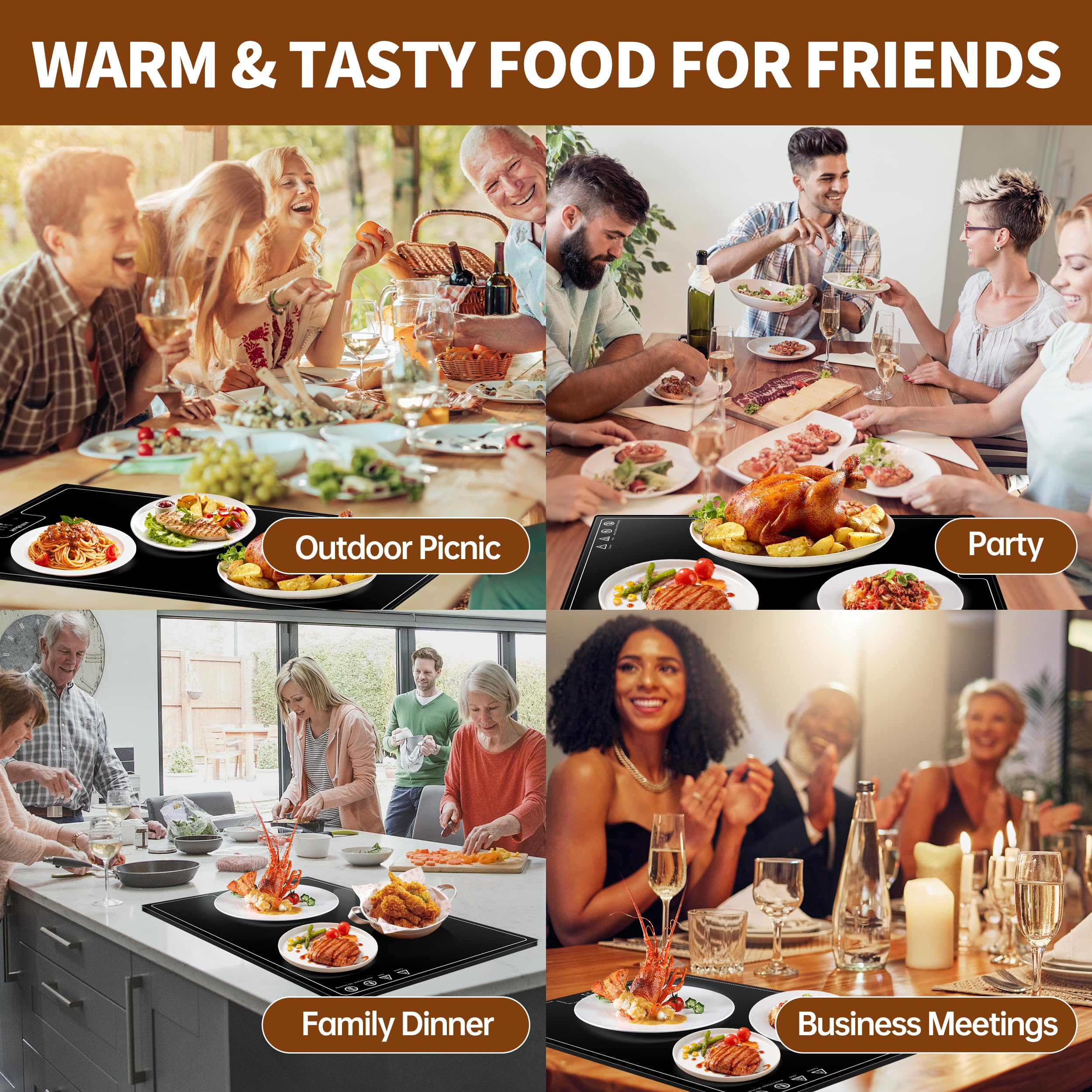 Electric Warming Tray(Large 22"x14"),Food Warmer with Thermostat and Full Surface Heating,Food Warming Mat with 2 Temperature Modes for Parties Buffet,Gatherings,Gold Edge Handles Warming Mat for Food