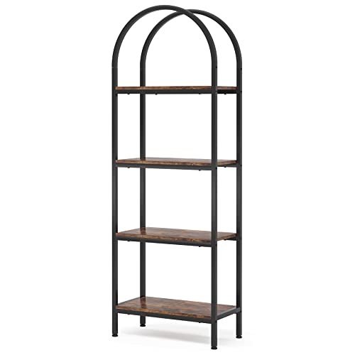 LITTLE TREE 4-Tier Arched Bookshelf, Tall Open Bookcase Storage Shelves, Wood Metal Freestanding Display Rack Tall Shelving Unit for Home Office, Bedroom, Living Room, Rustic Brown