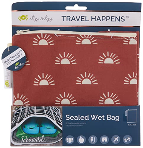 Itzy Ritzy Sealed Wet Bag with Handle – Wet Bag for Travel, Swimsuits, Cloth Diapers, Gym Clothes & Toiletries - Washable & Reusable w/Water Resistant Lining - Measures 11” x 14” (Terracotta Sunrise)