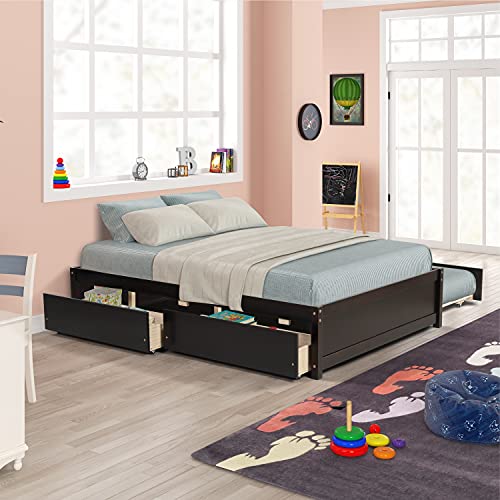Full Size Bed Frame with Trundle and Storage, Platform Bed with Solid Wood Slat Support, Full Bed Frame with Twin Size Trundle Bed & 2 Storage Drawers, Noise Free, No Box Spring Needed (Espresso)