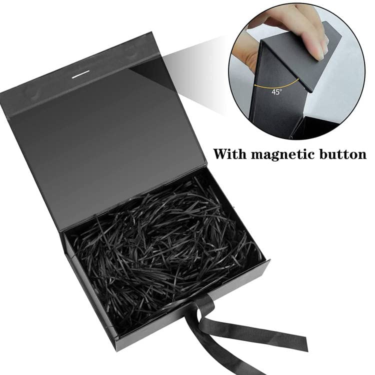 Gift Box with Satin Ribbon,9.1*6.1*2.7Inches black Collapsible Gift Box with Magnetic Lid, with Gift Card, Envelope, Shredded Paper Filler,for Bridesmaid Proposal Gift, Graduation, Holiday, Birthday Party Favor,(1 Pcs)