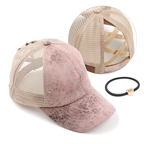 C.C Exclusives Washed Distressed Cotton Denim Criss-Cross Ponytail Hat Baseball Cap Bundle Hair Tie (BT-923) (A Elastic Band-Vintage Faux Leather Rose)