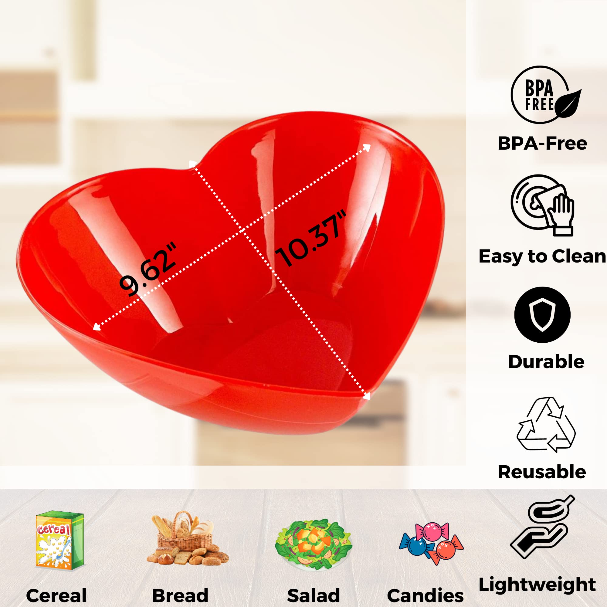 CTMRJ Red Heart Shaped Plastic Bowl for Salad Fruits Dessert Candy Treats Snacks Holder Household Rotating Pot Serving Dish, Multi-Purpose Deep Tableware Bowls for Home Kitchen Cooking Gift