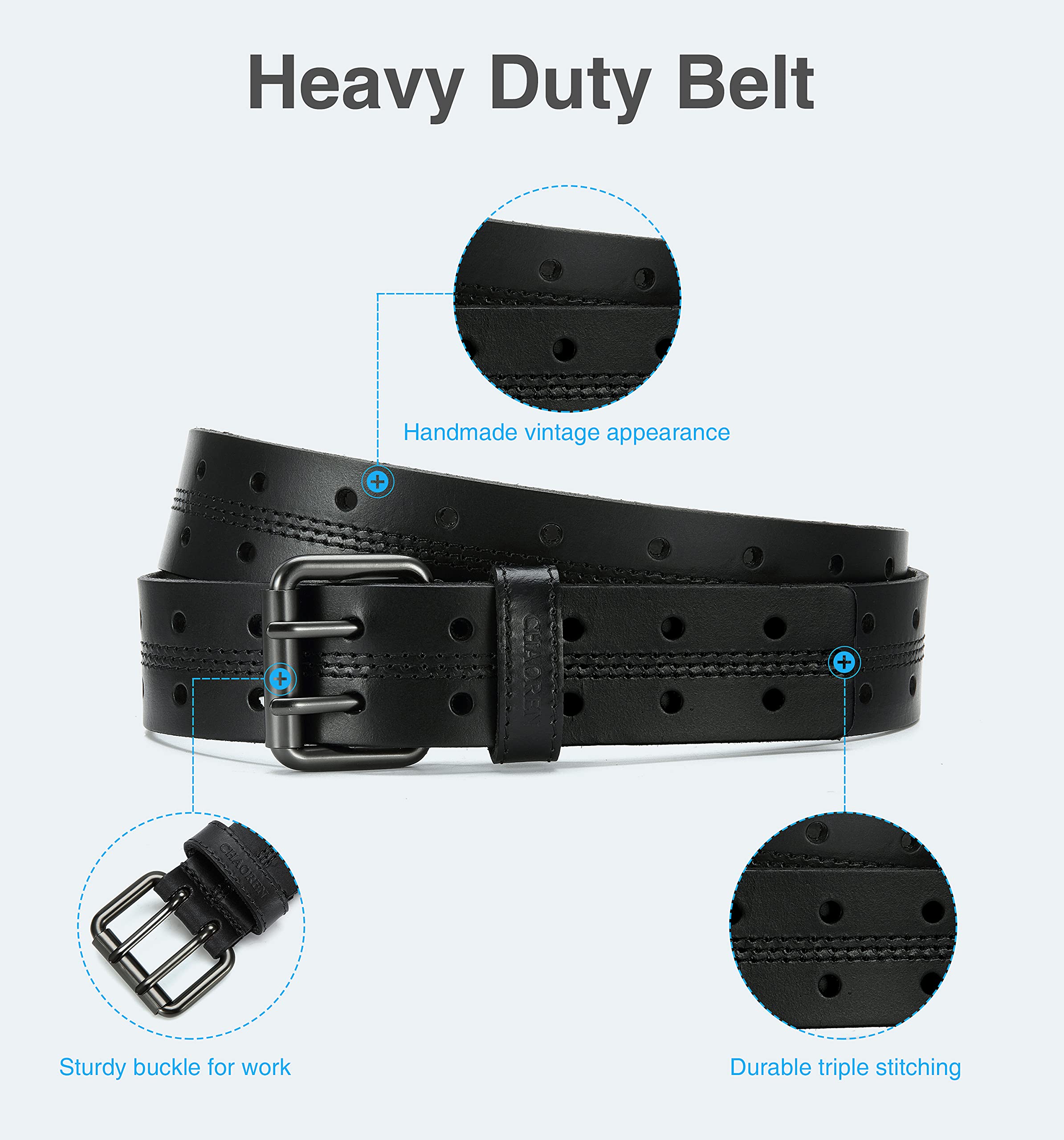 CHAOREN Black Leather Belt - 38mm Double Prong, Handmade and Durable