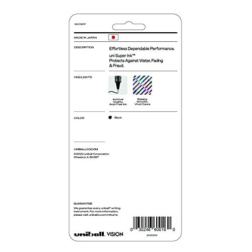 uni-ball Vision Rollerball Pens Fine Point Micro Tip, 0.5mm, Black, 4 Pack