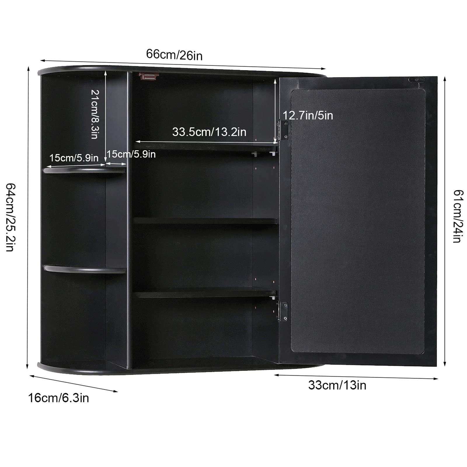 Iwell Bathroom Medicine Cabinet with Mirror, Bathroom Wall Cabinet with 2 Adjustable Shelves & 6 Open Shelves, Bathroom Cabinet Wall Mounted, Over The Toilet Space Saver Storage Cabinet, Black