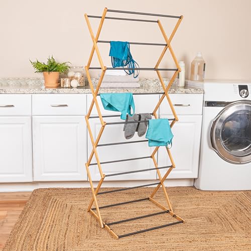 Household Essentials Bamboo Adjustable Folding Clothes Drying Rack, Upscale Laundry Rack with 20 Coated Metal Dowels