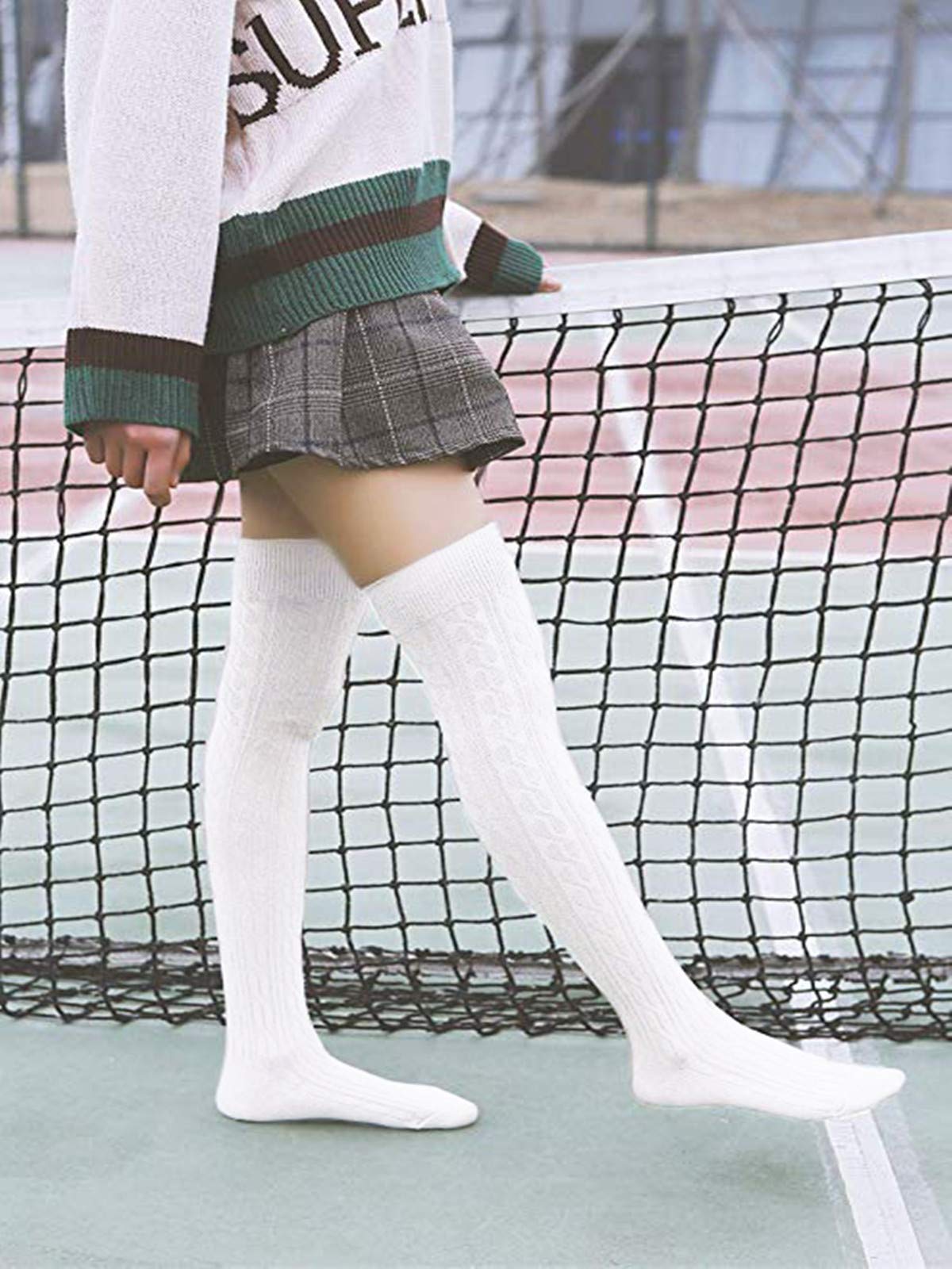Century Star Women's Casual Athlete Striped Over Knee Thin Thigh High Tights Long Stocking Socks A 1 Pair Pure White One Size