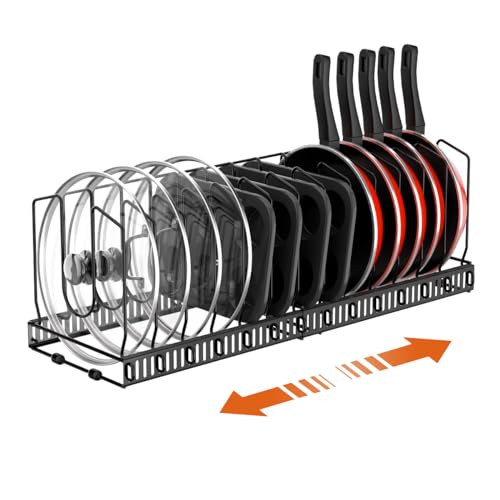 Housolution Pot Lid Organizer, Upgraded Expandable Pot and Pan Organizer with 14 Adjustable Deeper U-Shaped Dividers, Pot and Pan Storage Rack Lid Holder for Cabinet, Black