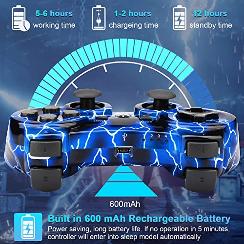 OUBANG 2 Pack Remotes Work with PS3 Controller Wireless, Cool Blue Gamepad Compatible with Playstation 3 Controller, Wireless Game Control for PS3 with Upgraded Joystick, Pa3 Controllers for PS3 Gift