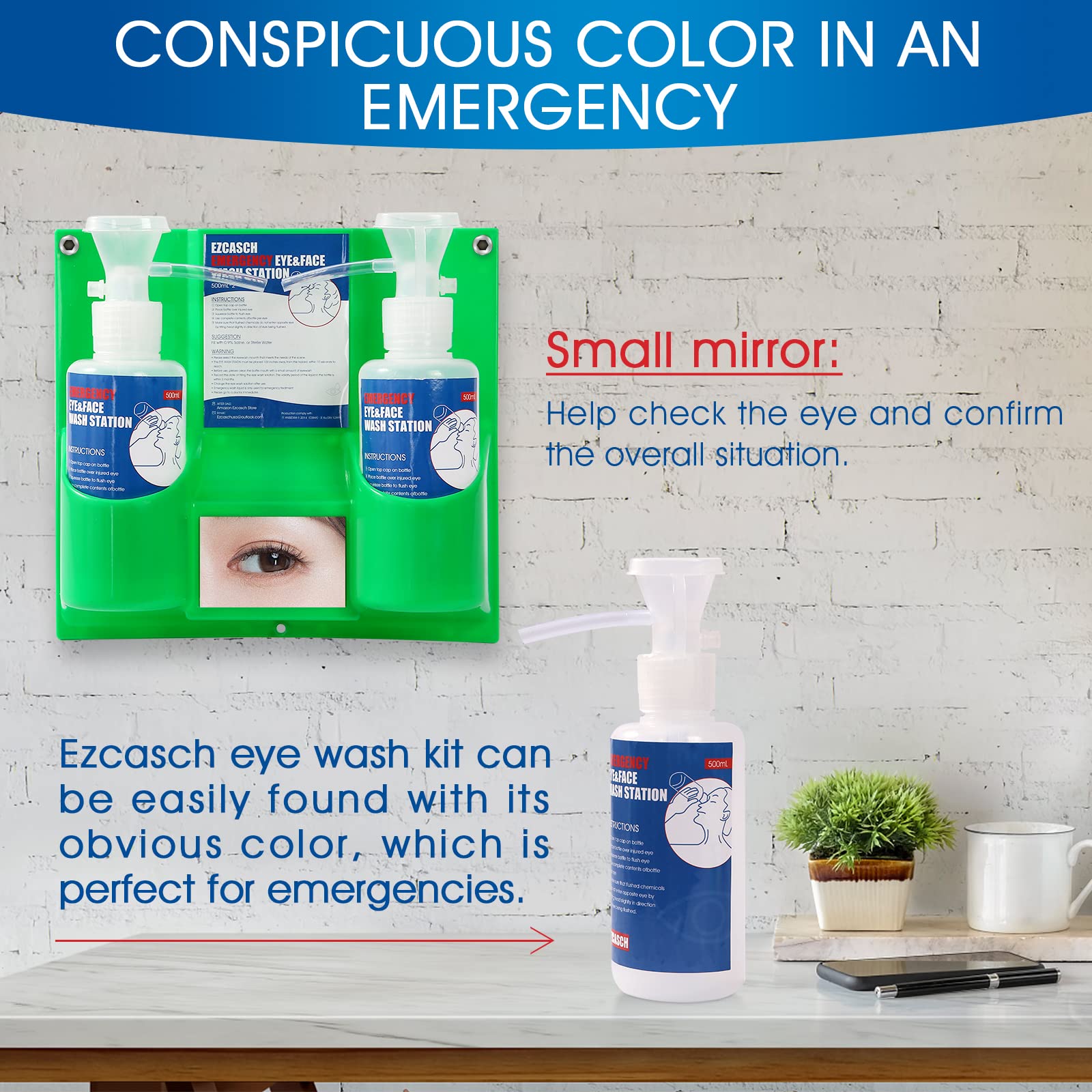 Ezcasch Eye Wash Emergency Eyewash Station Portable Double 500ML Bottles Eye Washing Cup Kit, OSHA Approved, NOT Include Solution, Each Bottle with 2 Different Cups.