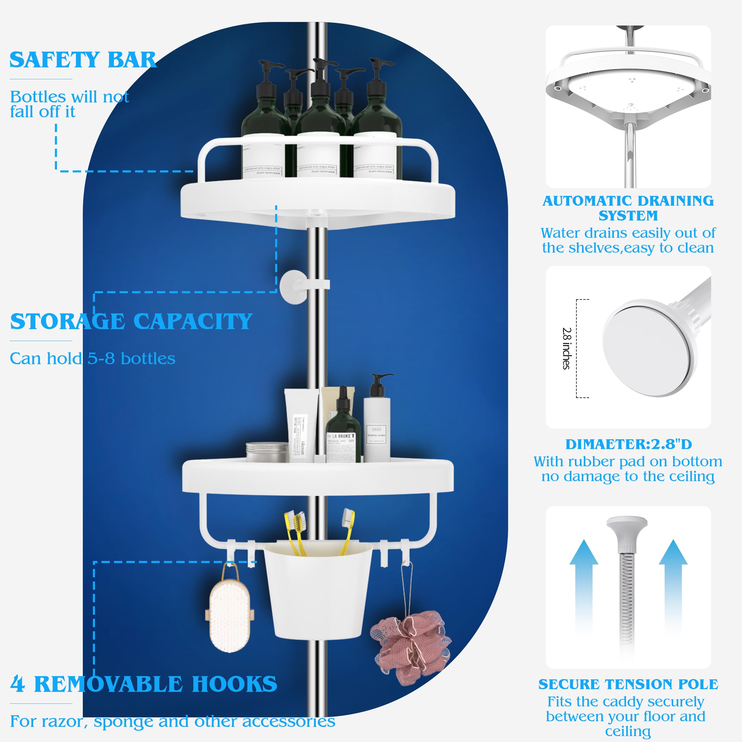 EliteCart Rust Proof Shower Caddy Corner Tension Pole β Adjustable Height (32-120 inch), 4 Tier Shelf Bathtub Organizers and Storage β Includes Towel Rack, Tooth Brush Holder and Suction Cups (White)