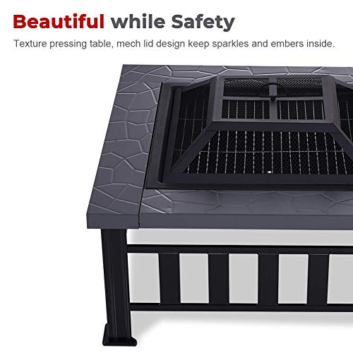 EZCHEER 34" Outdoor Fire Pit 3 in 1 Metal Square Firepit Wood Burning Bonfire Stove for Backyard Patio Garden with Grill, Spark Screen, Log Poker, Cover