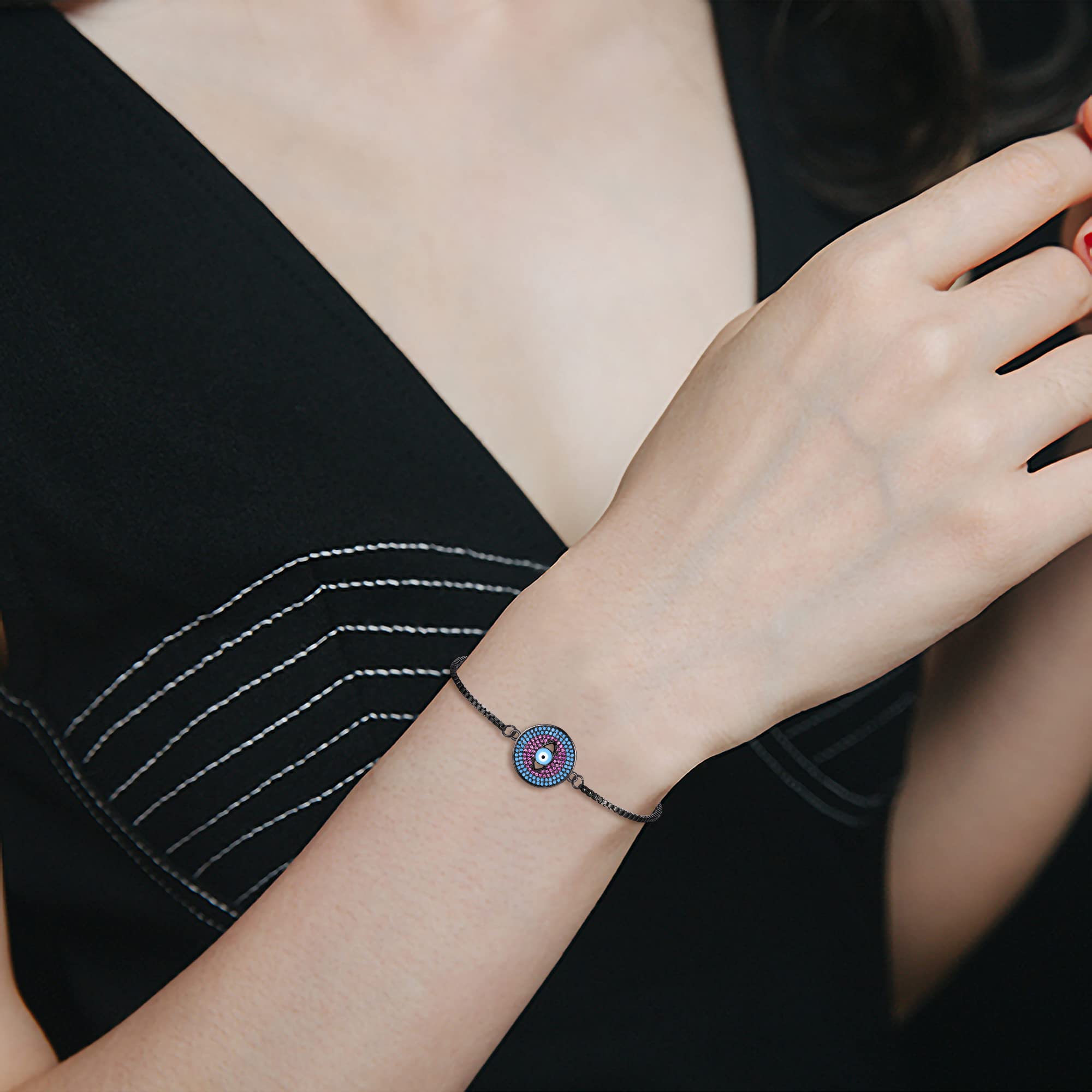 BriLove Evil Eye Bracelets Cubic Zirconia Dainty Adjustable Box Link Bracelet for Women