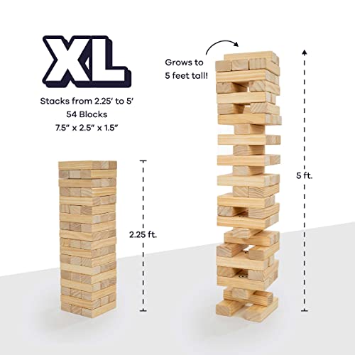 CALIBER GAMES Timber Tower XL Bundle - Wooden Blocks Stacking Game for Kids and Adults - 54 Blocks - Premium Wood - Carrying Case Included - Grows from 2.25-feet to Over 5-feet While Playing
