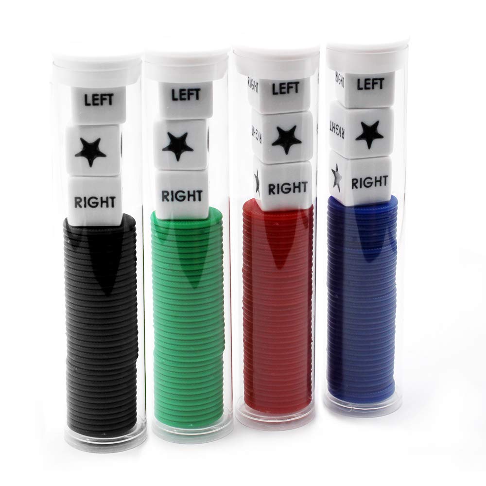 Spidfee Rigth Left Center Dice Game Set with 3 Dices + 36 Chips - 4 Sets Assorted Colors - (4 Pack)