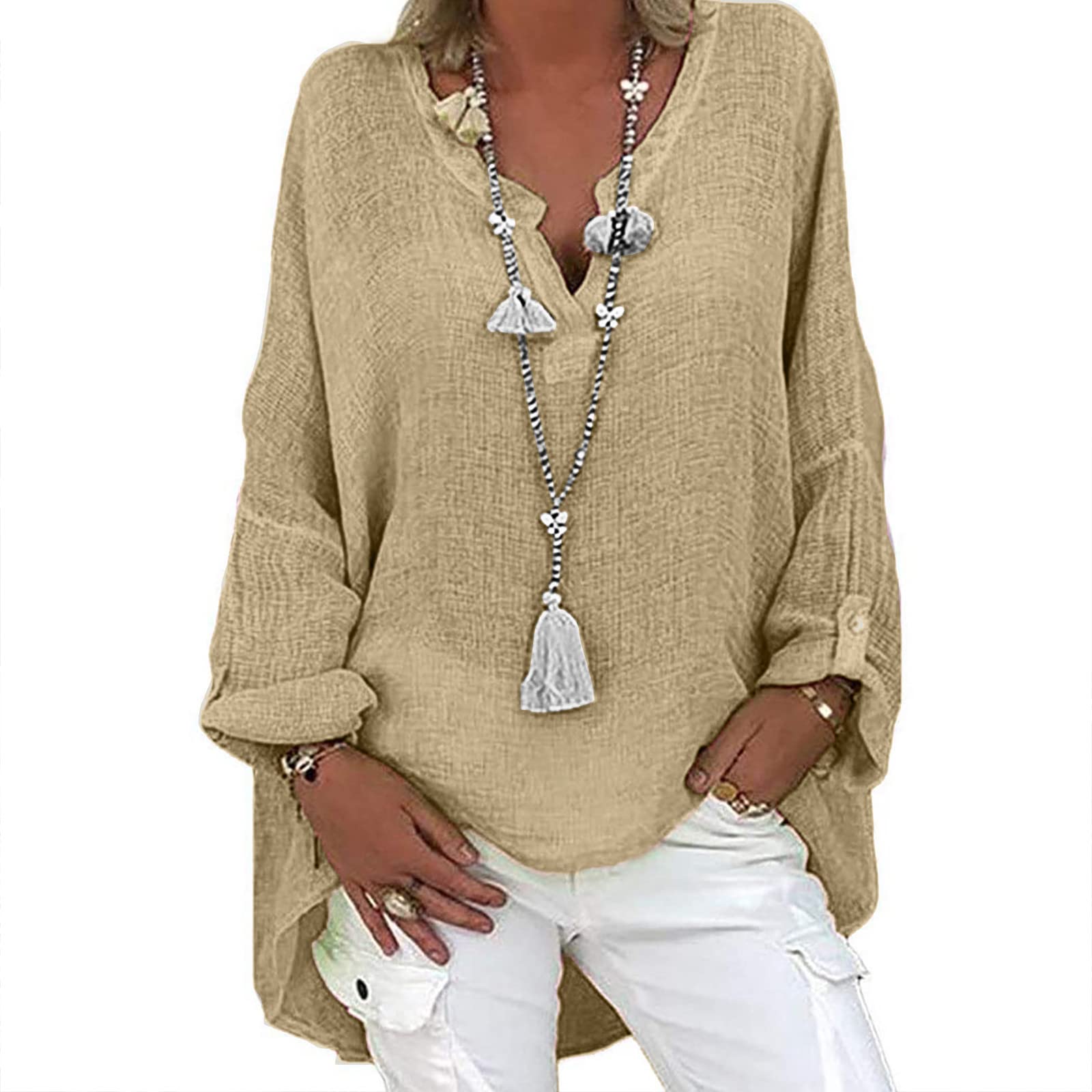 Camiseta Manga Larga Color LISO para Mujer túnica ocio Blusa cómoda Cuello en V Camiseta sin Mangas algodón y lino,Khaki,Medium
