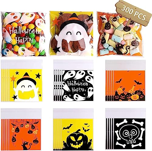 Hfpengzan 300 Pcs Halloween Cellophane Candy Bags,Self Adhesive Clear Cookie Treat Bags for Kids Halloween Party Favor Supplies
