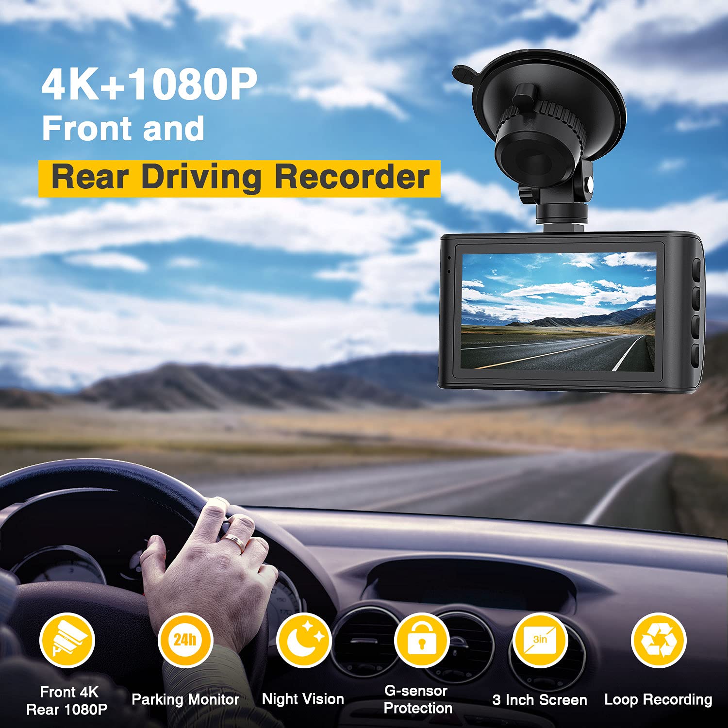 cambase Dash Cam 4K Front and 1080P Rear Car Camera Driving Recorder with Night Vision, Motion Detection, Parking Monitoring, G-Sensor, Loop Recording, 3inches IPS Screen, 170° FOV, Max Support 256GB