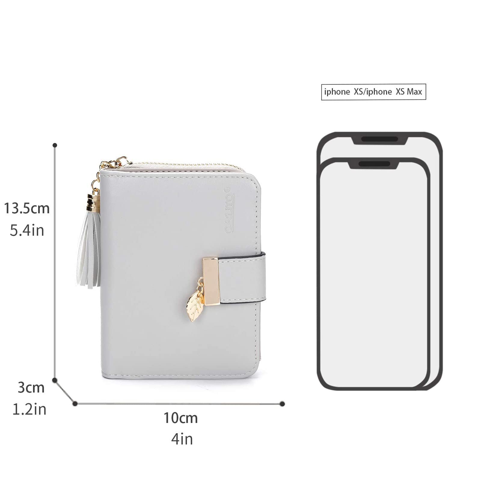 CALIYO Wallets for Women Rfid Blocking Large Capacity Bifold PU Leather Women Wallet Mini Purse with Leaf Pendant (Light grey)