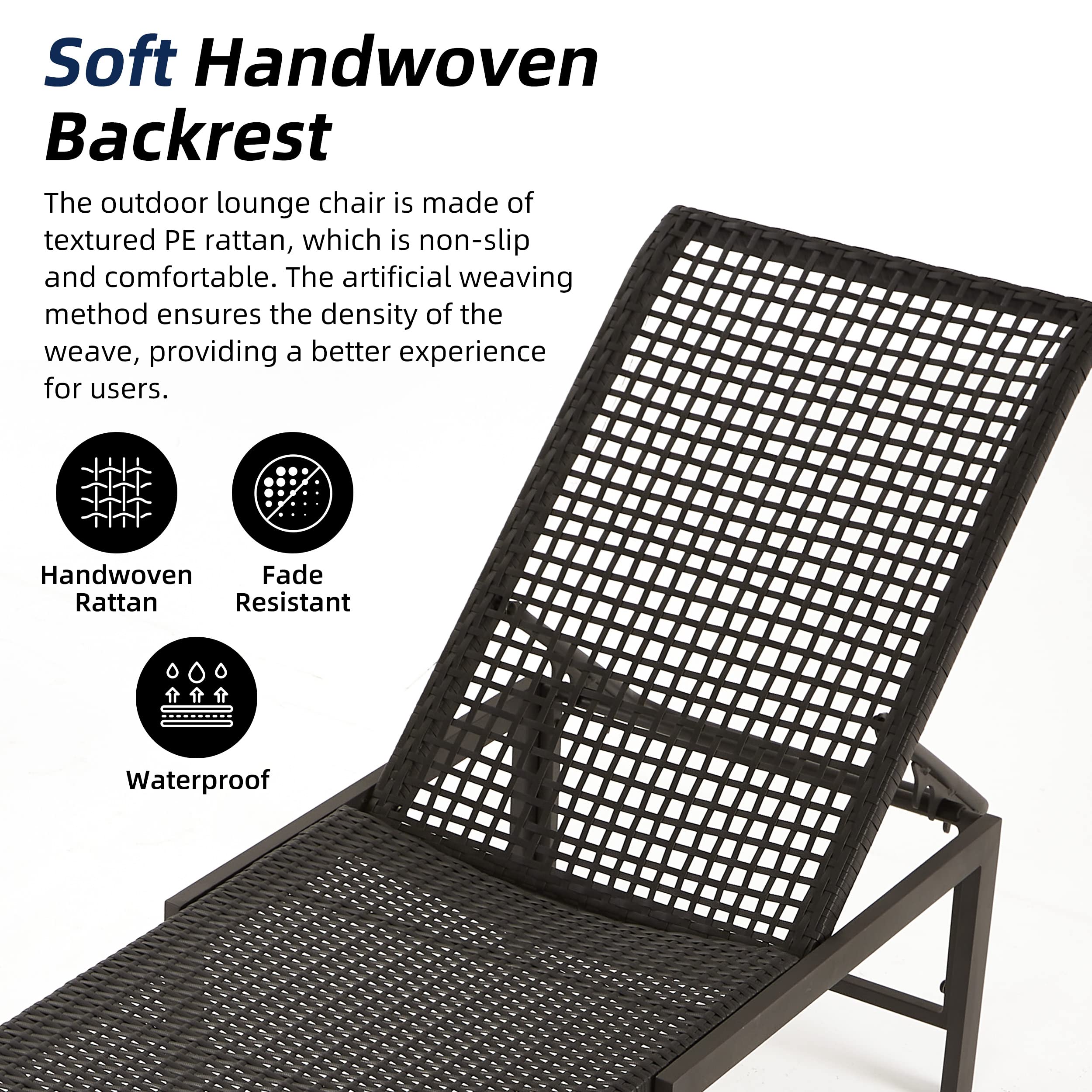 Eongdn Chaise Lounge Outdoor, Hand-Woven Rattan Pool Lounge Chairs Set of 2, Aluminum Frame 5 Level Adjustable, Lounge Chairs for Outside, Poolside, Deck, Beach, Dark Grey