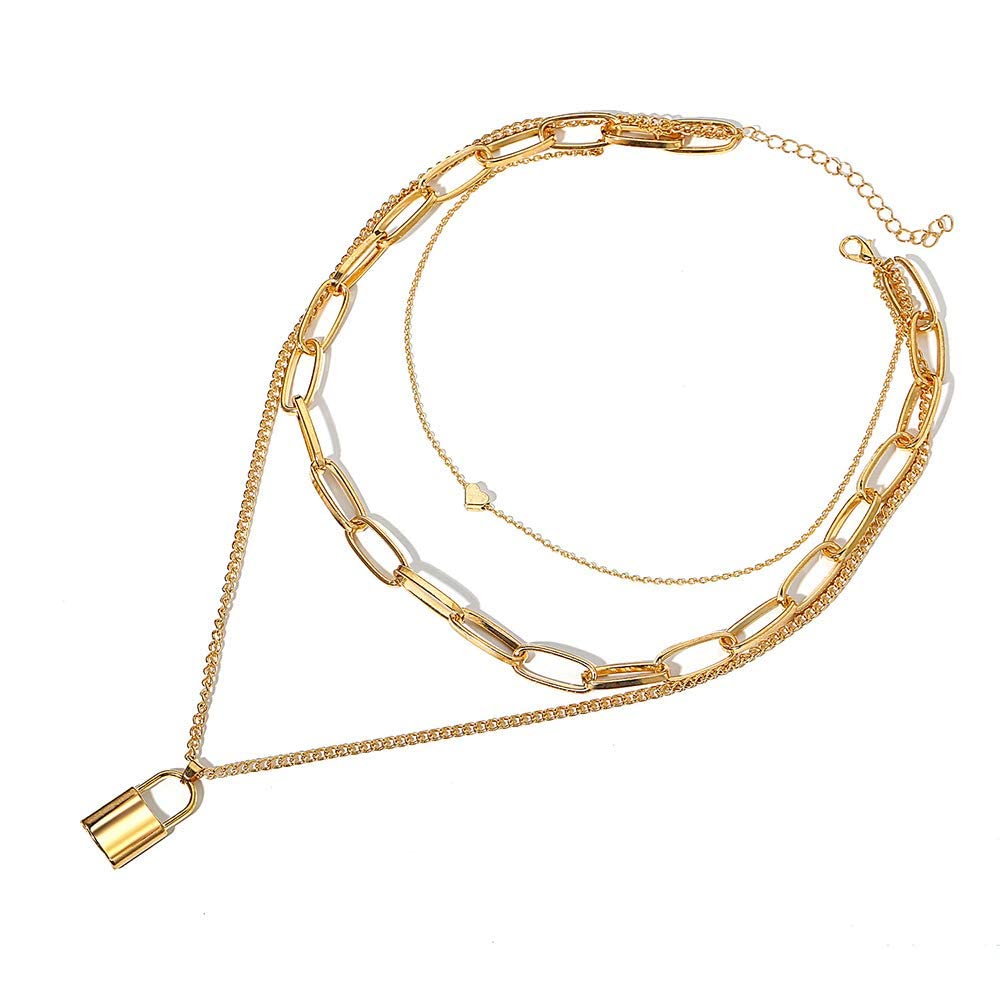 Neckcely 2 Pcs Dainty Layered Choker Necklaces Handmade Lock Heart Pendant Multilayer Adjustable Layering Chain Gold Necklaces Set for Women