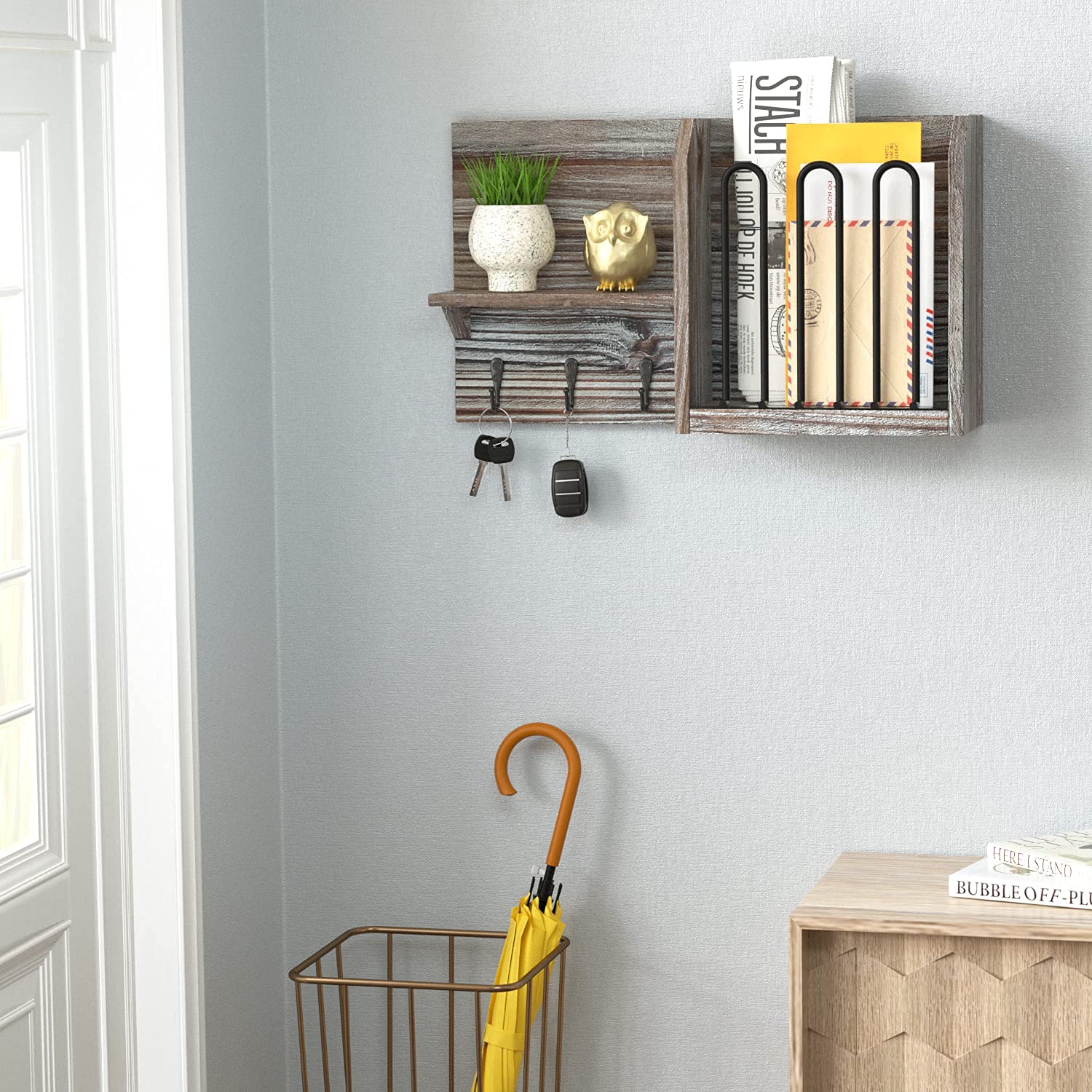 J JACKCUBE DESIGN Wall Mounted Rustic Wood Key & Mail Sorter Organizer with 3 Key Hooks and Shelf - for Entryway or Mud Room β Holds Documents, Bills, Letters, Keys and More- MK232A