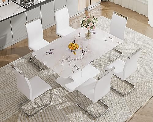 LKTART 63'' Dining Table Faux Marble White Desktop for Kitchen Dining Living Room