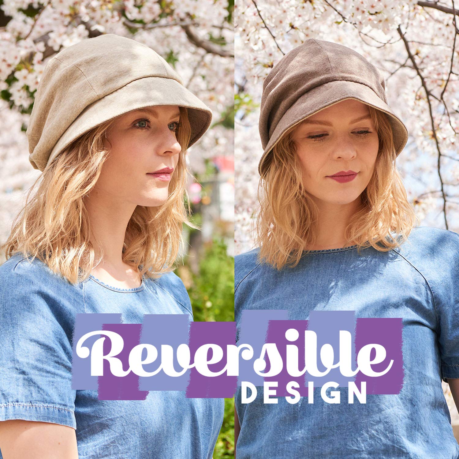 CHARM Women Cotton Sun Hat - Organic Summer Bucket Reversible Chemo Cap Foldable Elastic Black & Light Gray