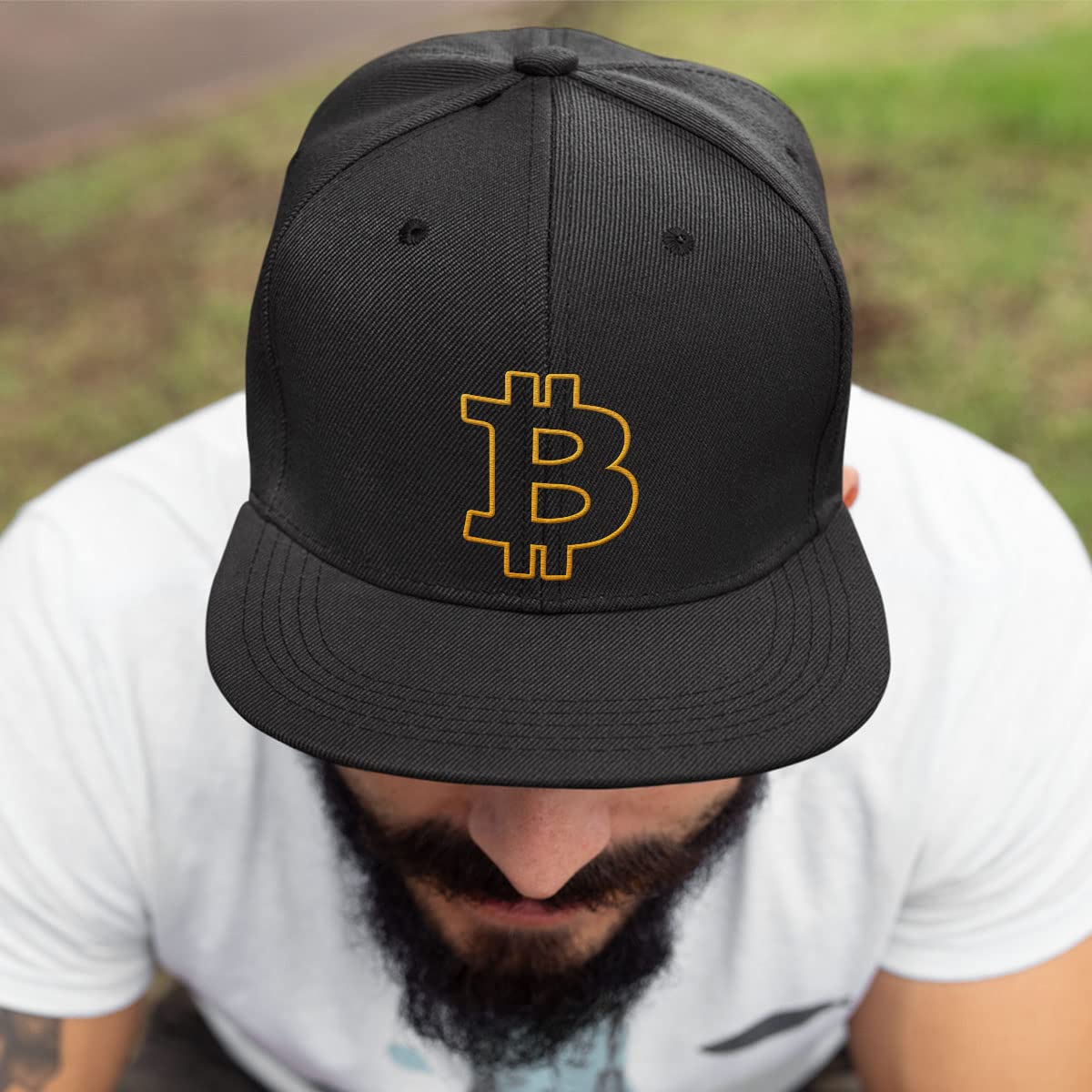 BustedTees Bitcoin Outline Flexfit Hat Casual Wear - Baseball Cap for Men Women Breathable Flex Fit with Airmesh Fitted Cap (Charcoal, Large, l)