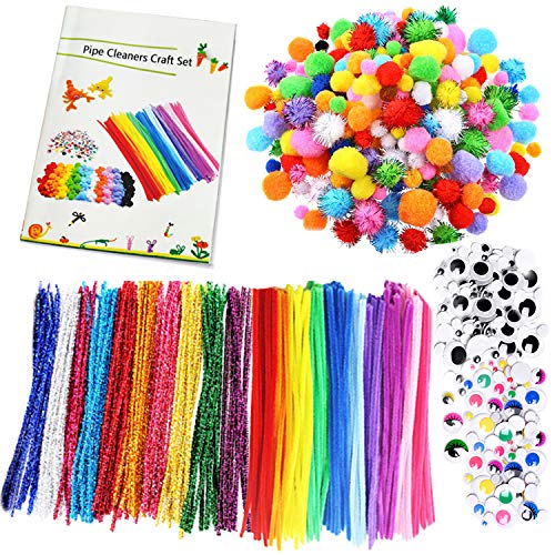 Pipe Cleaners Craft Set with DIY Tutorial, Included 200Pcs Multicolor Pipe Cleaners Chenille Stems, 200Pcs Pom Poms, 200Pcs Self-Sticking Wiggle Googly Eyes, for DIY Art Craft