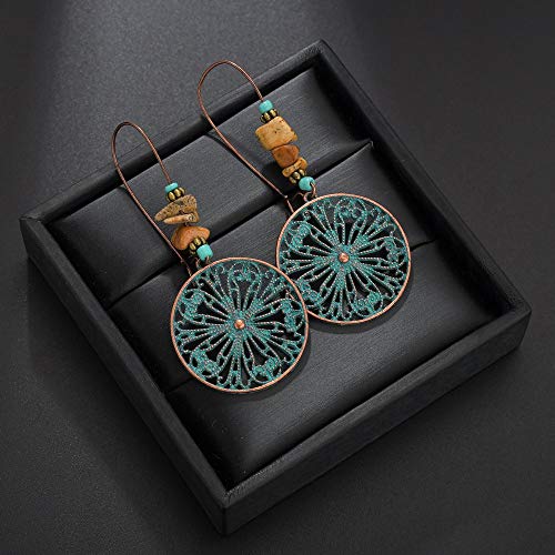 LQJstore Ethnic Earring Retro Green Pine Carved Water Drop Hollow Earrings Boho Earrings Geometric Dangle Earrings (B)