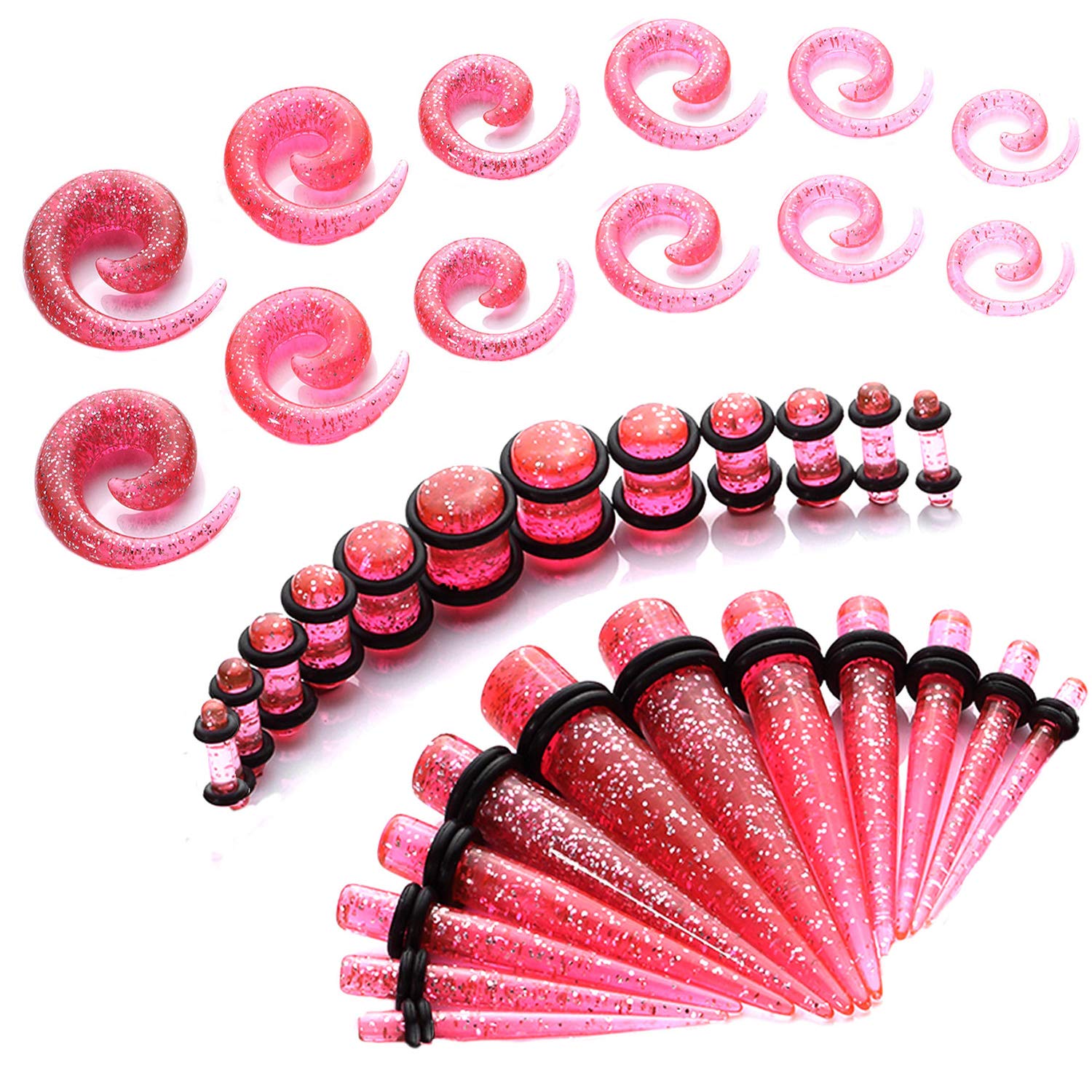 BodyJ4You 36PC Gauges Kit Ear Stretching 8G-00G Pink Glitter Acrylic Spiral Tapers Plugs Body Piercing